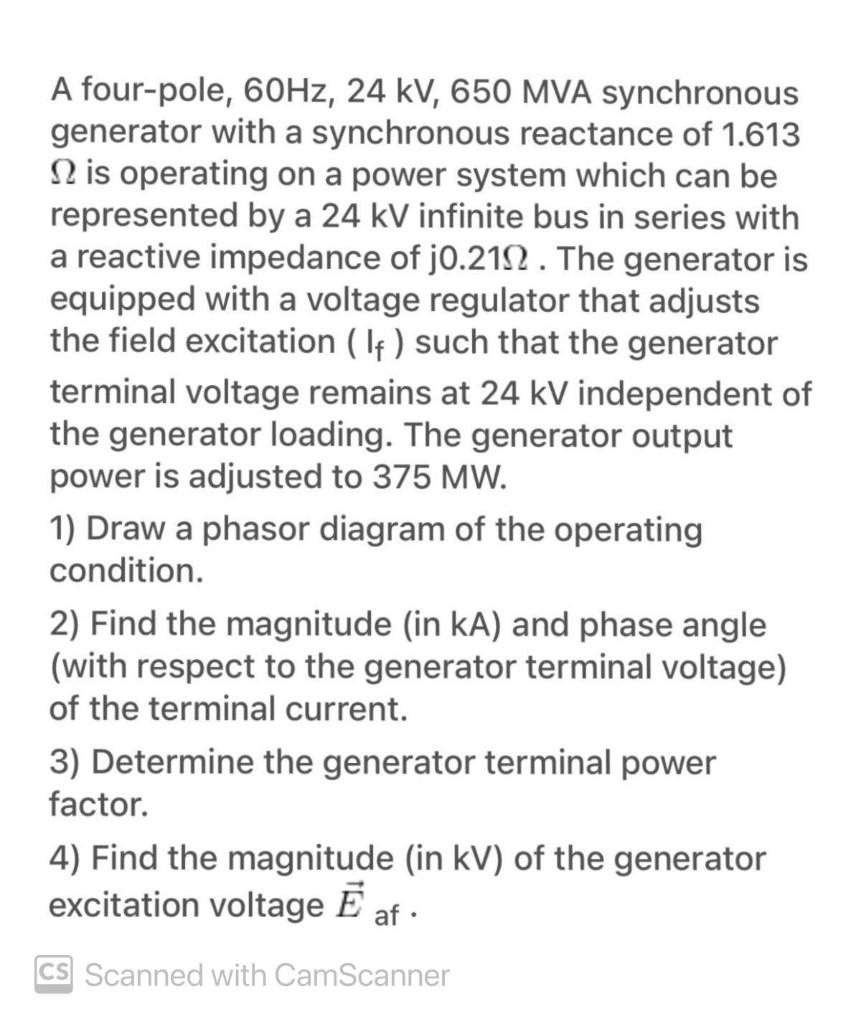 A four-pole, 60 Hz,24kV,650 MVA synchronous generator | Chegg.com