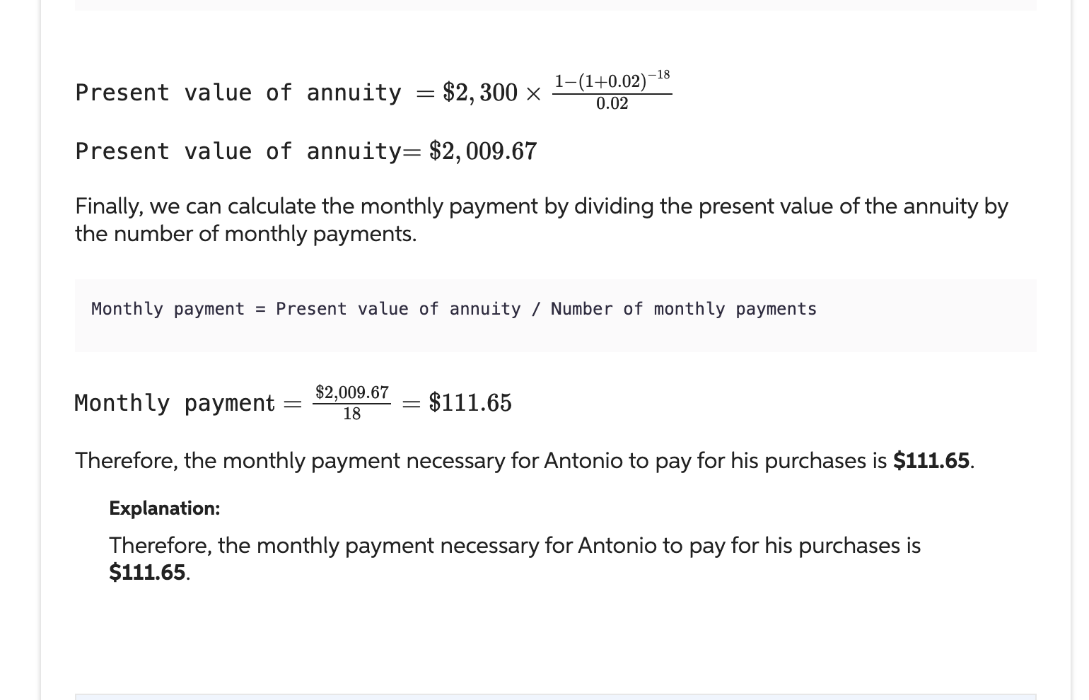 Solved Present value of annuity =$2,300×0.021−(1+0.02)−18 | Chegg.com