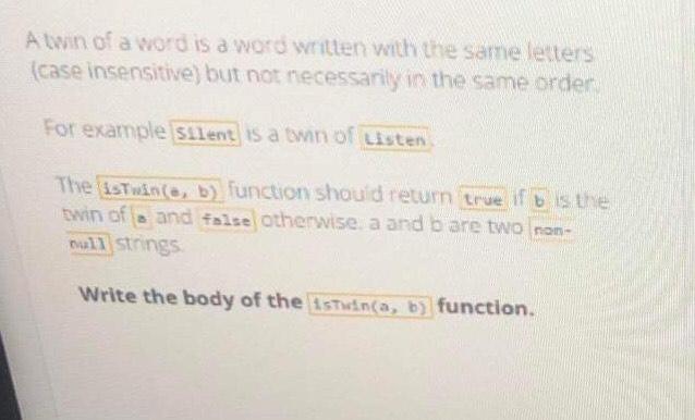 Solved A twin of a word is a word written with the same | Chegg.com