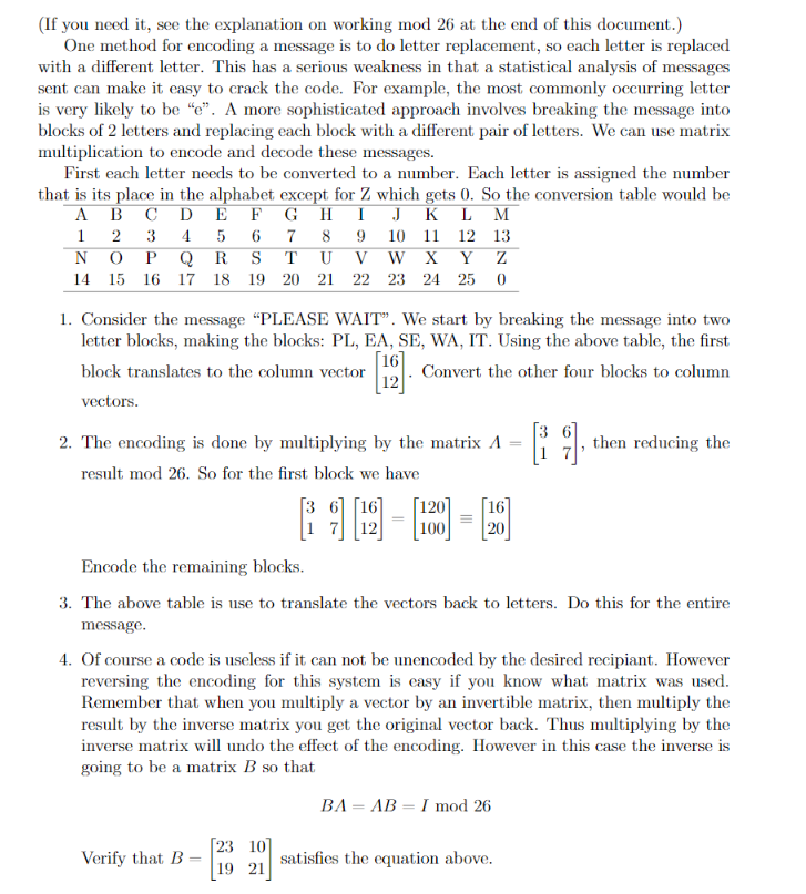 If you need it, see the explanation on working mod 26 | Chegg.com