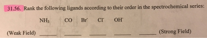 Solved 31.56 Rank the following ligands according to their | Chegg.com