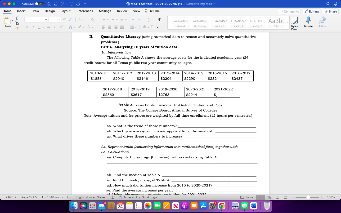 MATH Assignment for Core Assessment, 2021-2022 DRAFT | Chegg.com