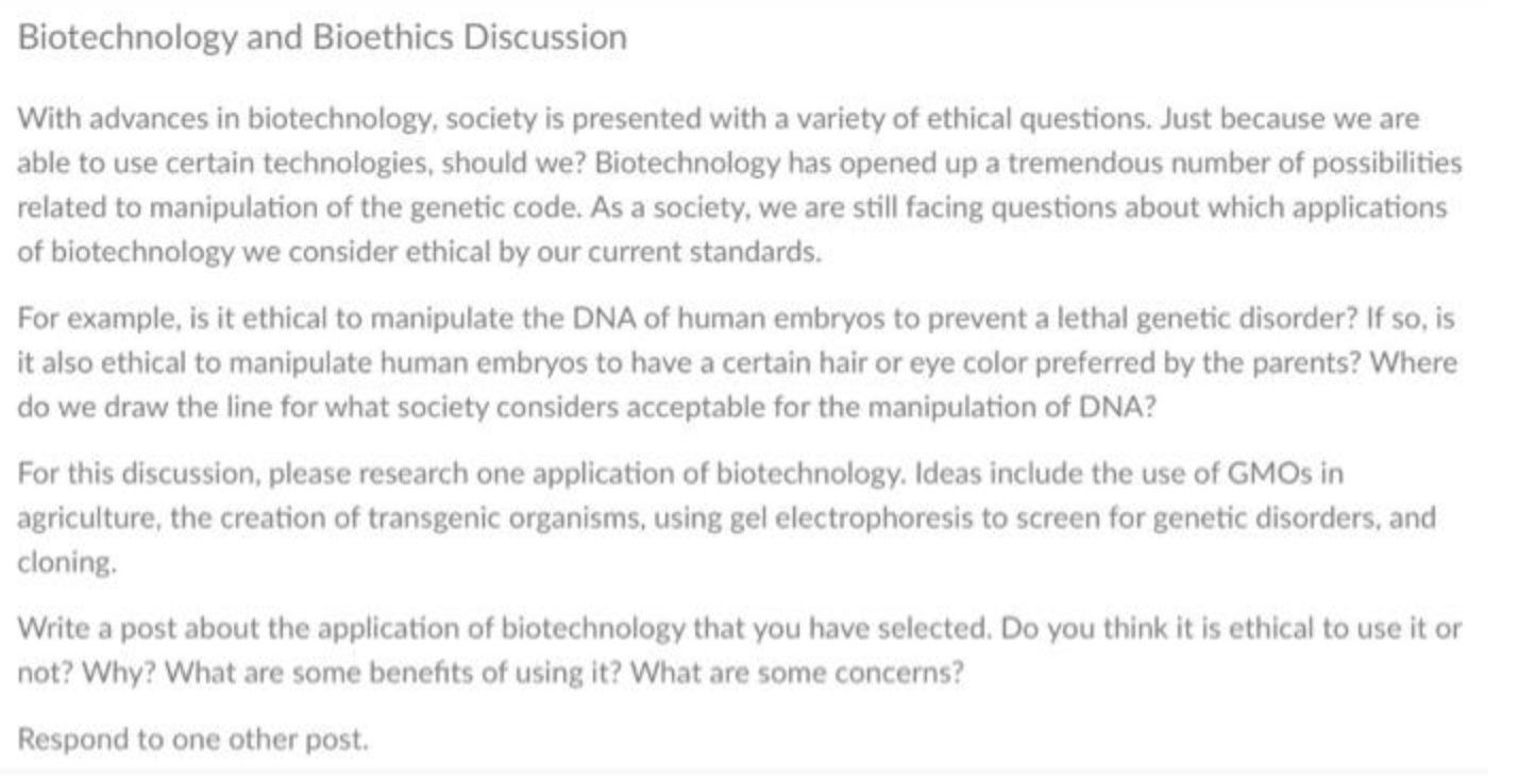 Solved Biotechnology and Bioethics Discussion With advances | Chegg.com