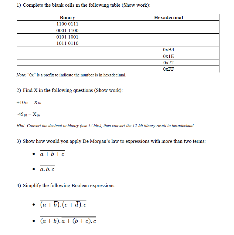 Solved 1) Complete the blank cells in the following table | Chegg.com