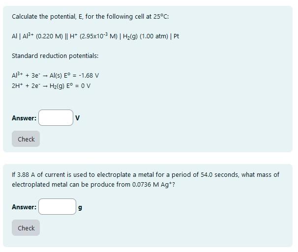 Calculate the potential, E, for the following cell at | Chegg.com