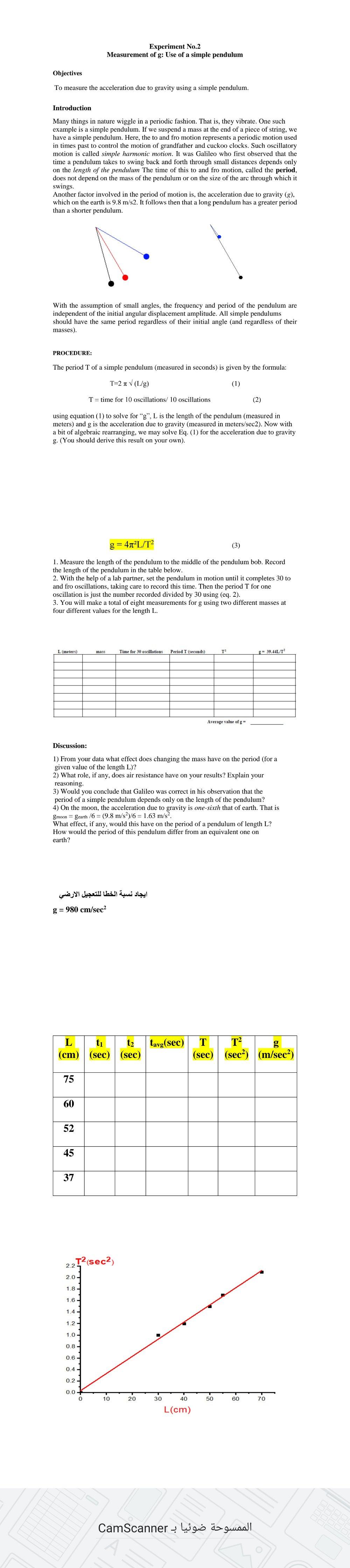 Solved Experiment No.2 Measurement of g: Use of a simple | Chegg.com