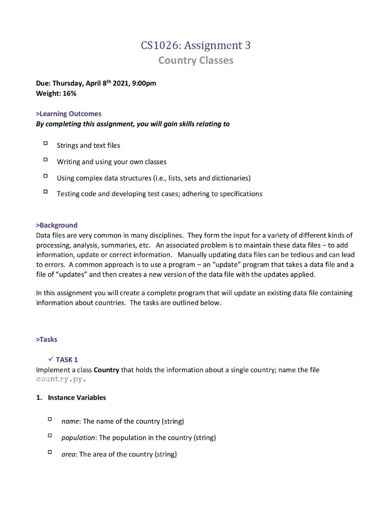 CS1026: Assignment 3 Country Classes Due: Thursday, | Chegg.com