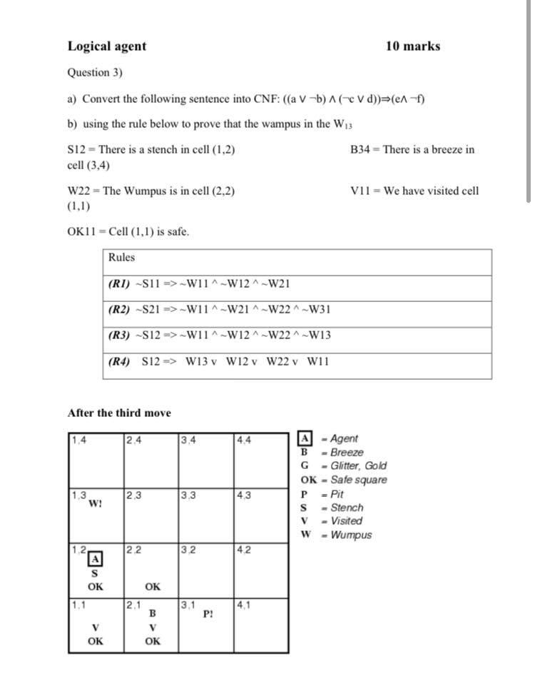 Solved Logical agent 10 marks Question 3) a) Convert the | Chegg.com