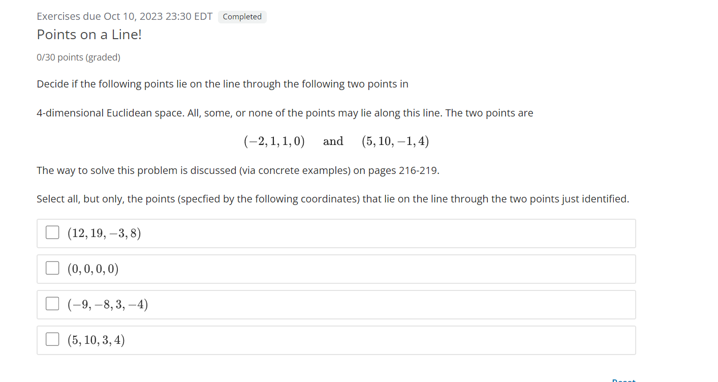 Solved Points on a Line! 0/30 points (graded) Decide if the | Chegg.com