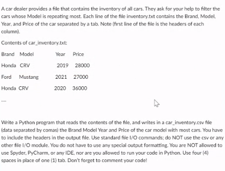 Solved A car dealer provides a file that contains the | Chegg.com