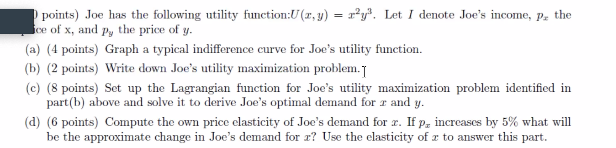 Solved points) Joe has the following utility function:U(x, | Chegg.com