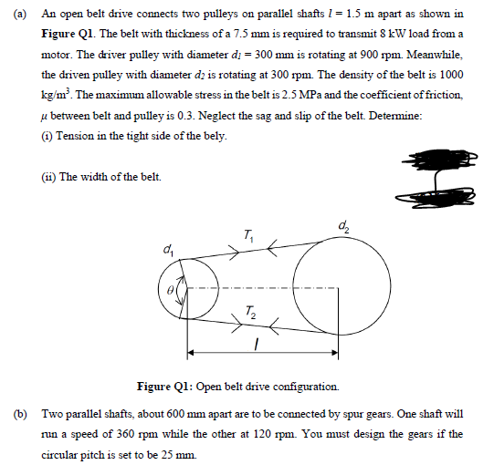 Solved An open belt drive connects two pulleys on parallel | Chegg.com