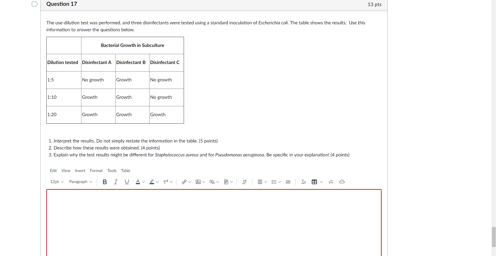 Solved The use-dilution test was performed, and three | Chegg.com