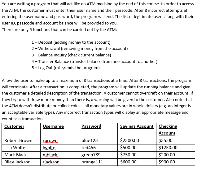 Solved You are writing a program that will act like an ATM | Chegg.com