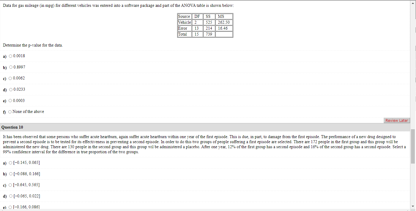Solved Data for gas mileage (in mpg) for different vehicles | Chegg.com