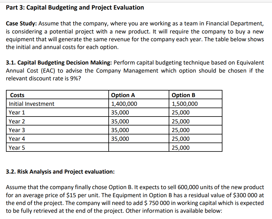 Solved Part 3: Capital Budgeting and Project Evaluation Case | Chegg.com