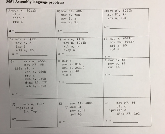 Solved 8051 Assembly Language Problems A Mov A 0aah R1 