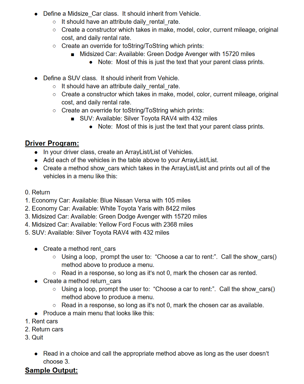 Solved CSE1322 Assignment 3 Background: A rental car company | Chegg.com