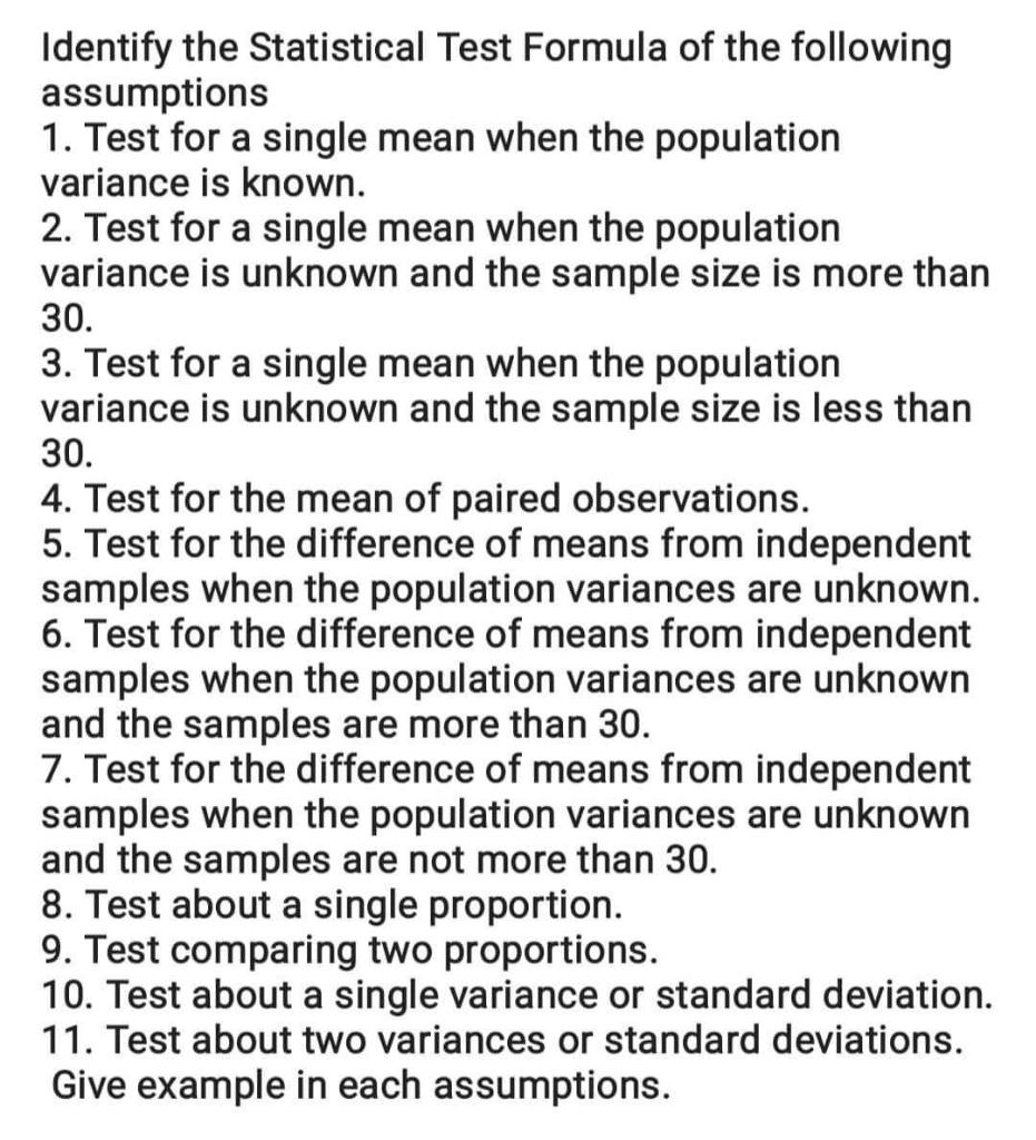 Solved Identify the Statistical Test Formula of the | Chegg.com
