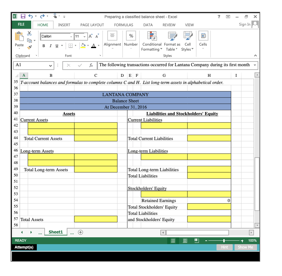 Solved Preparing a Classified Balance Sheet using Excel's | Chegg.com