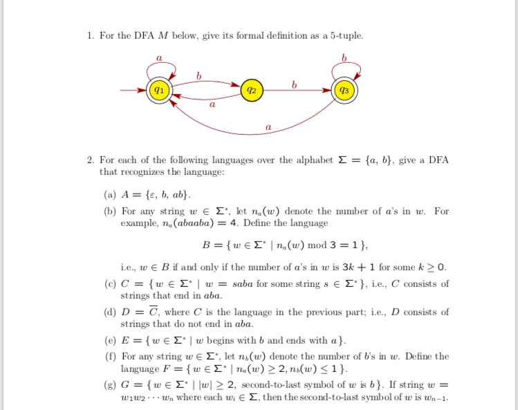 Solved 1. For the DFA M below, give its formal definition as | Chegg.com