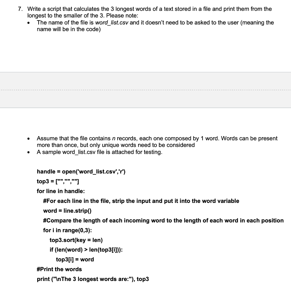 Solved 7. Write a script that calculates the 3 longest words | Chegg.com