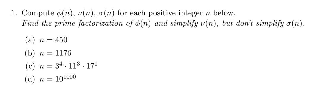 Solved 1. Compute o(n), v(n), o(n) for each positive integer | Chegg.com