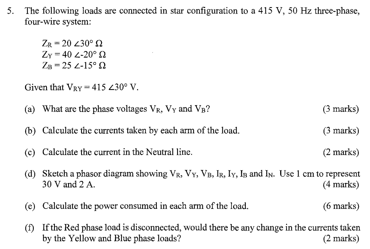 Solved 5. The following loads are connected in star | Chegg.com
