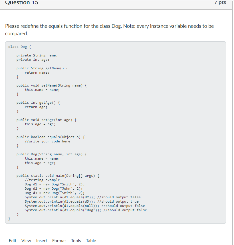 Solved Question 15 7 pts Please redefine the equals function | Chegg.com
