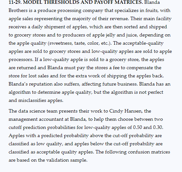 11-29. MODEL THRESHOLDS AND PAYOFF MATRICES. Blanda | Chegg.com