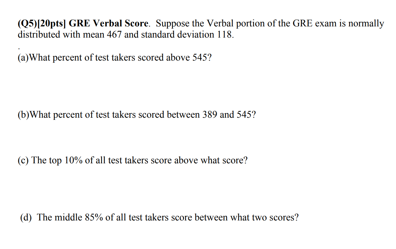 Solved (Q5)[20pts] GRE Verbal Score. Suppose the Verbal | Chegg.com