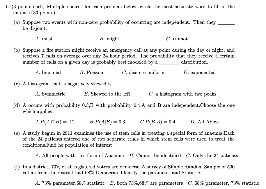 Solved 1. (3 points each) Multiple choice: for each problem | Chegg.com