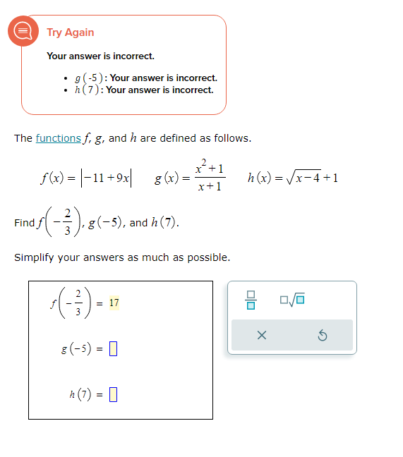 Solved Try Again Your answer is incorrect. - g(−5) : Your | Chegg.com