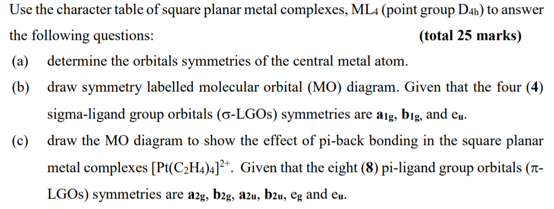 Solved Use the character table of square planar metal | Chegg.com