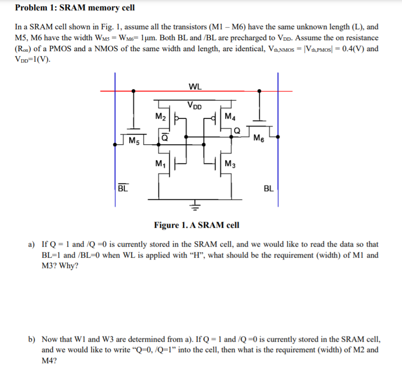 Problem 1: SRAM memory cell In a SRAM cell shown in | Chegg.com