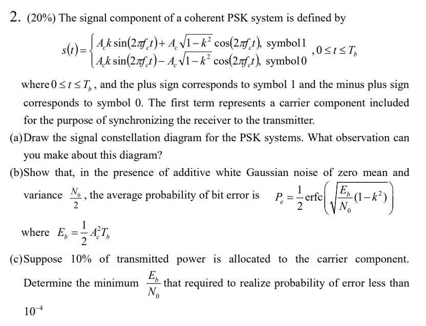 Solved 2. (20%) The signal component of a coherent PSK | Chegg.com