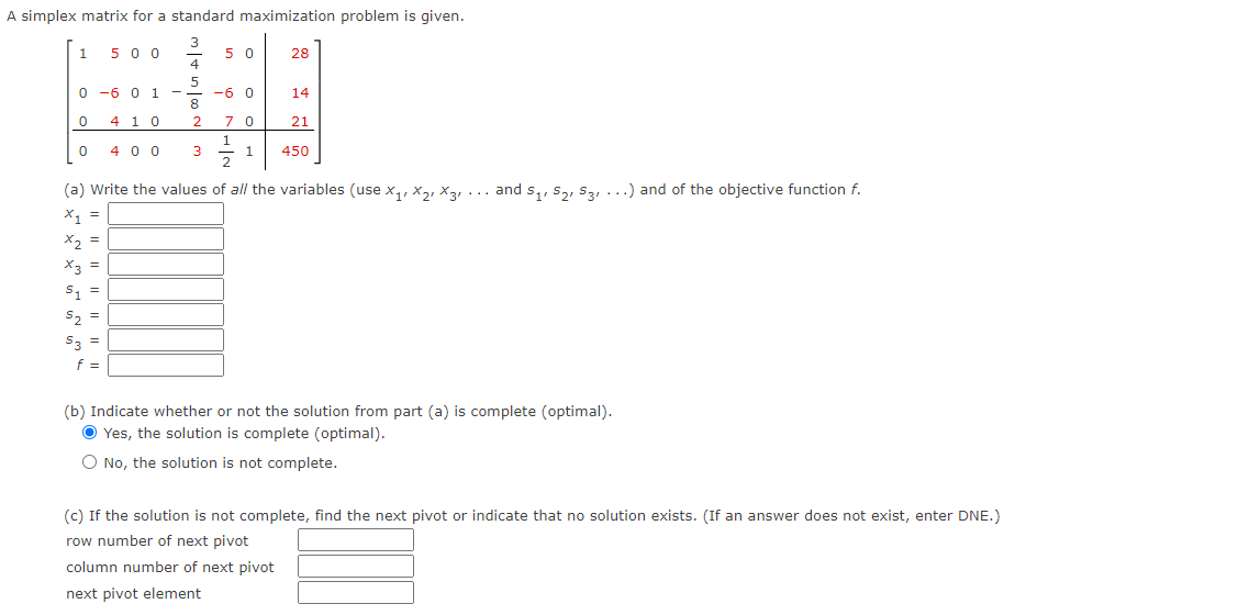 Solved A simplex matrix for a standard maximization problem | Chegg.com