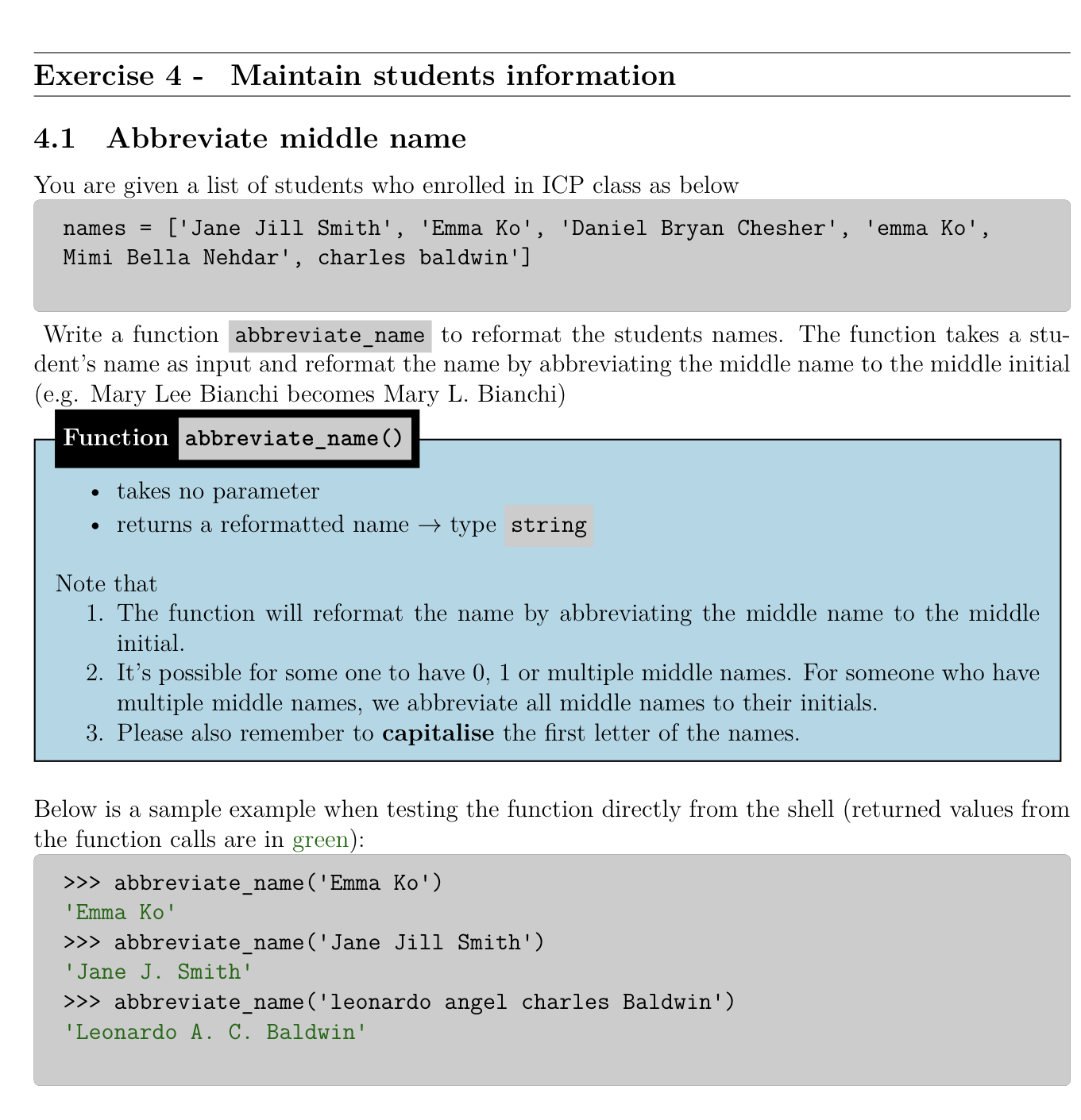 Solved Write A Function Abbreviate Name To Reformat The