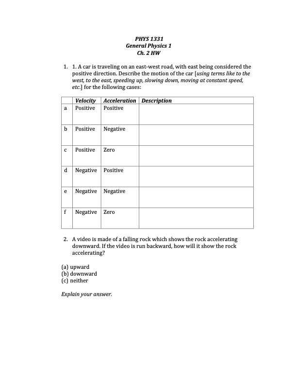 Solved PHYS 1331 General Physics 1 Ch. 2 HW 1. 1. A car is | Chegg.com