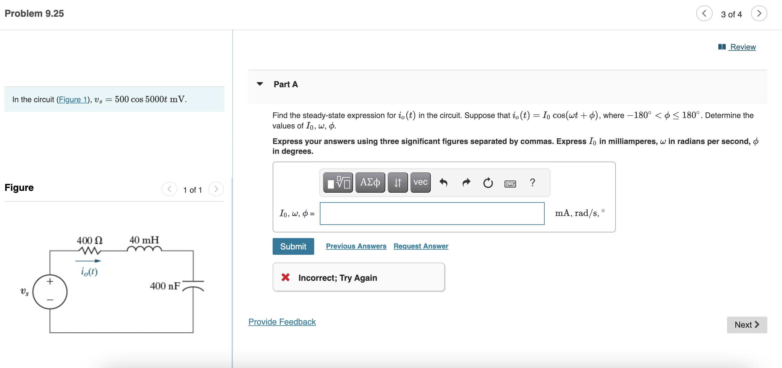 Solved In the circuit (Figure 1), vs=500cos5000tmV. Find the | Chegg.com