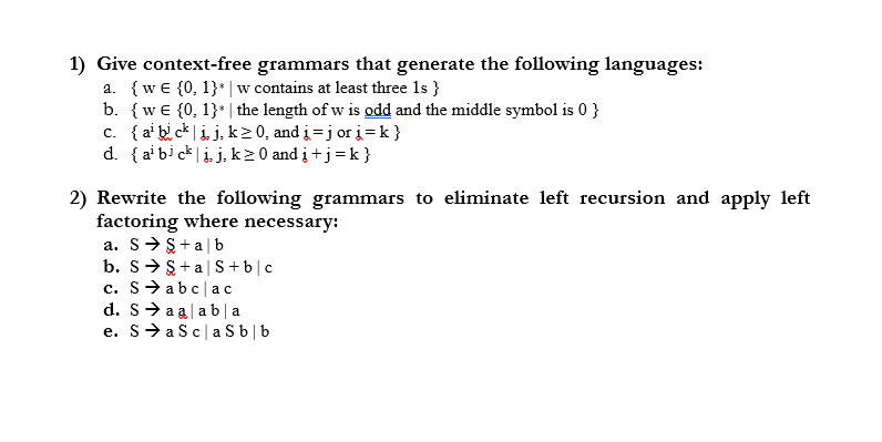 Solved 1) Give context-free grammars that generate the | Chegg.com
