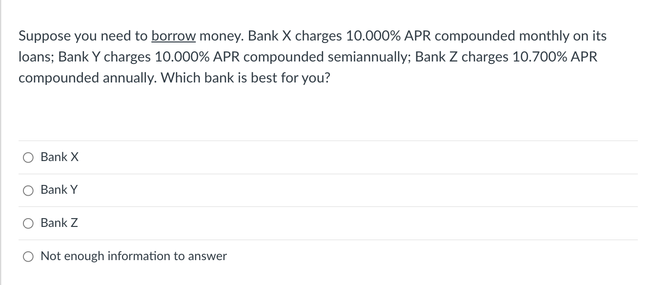 Solved Suppose you need to borrow money. Bank X charges | Chegg.com