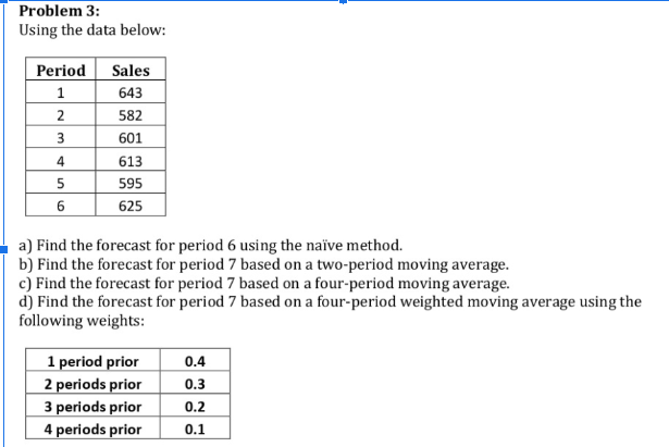 Solved Problem 3: Using the data below: a) Find the forecast | Chegg.com