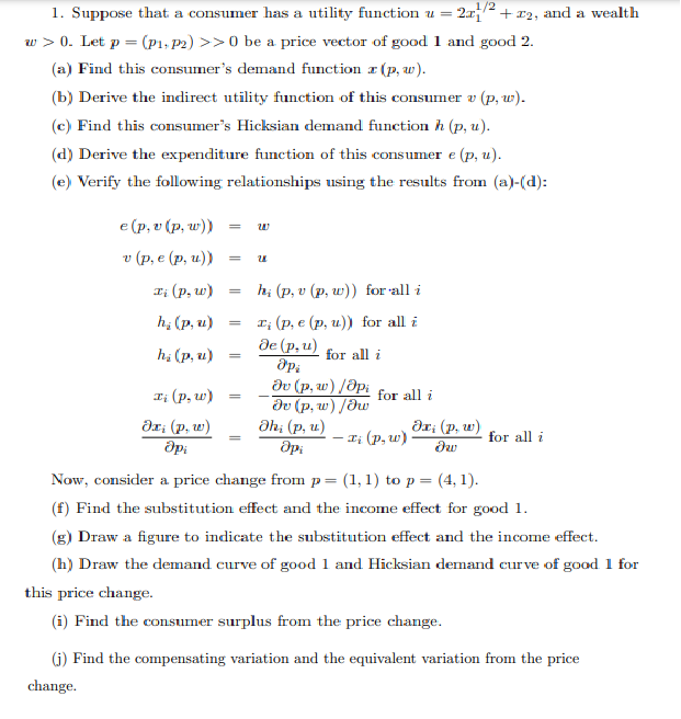 Solved 1. Suppose that a consumer has a utility function | Chegg.com