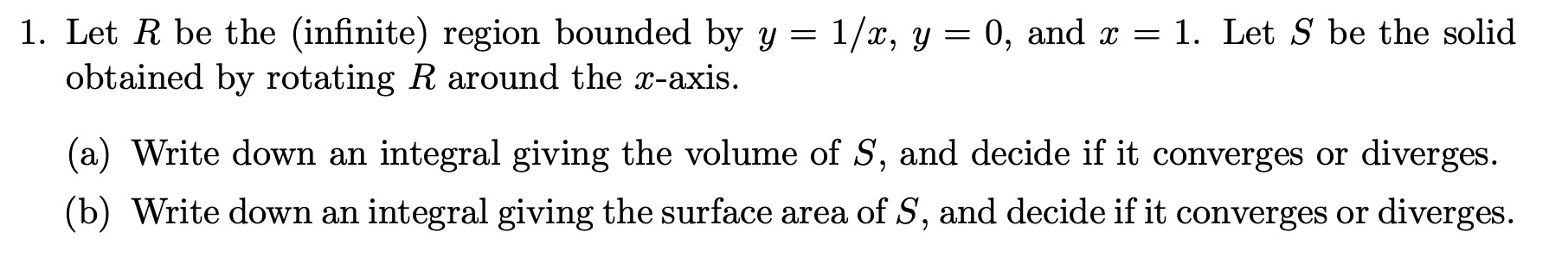 Solved 1. Let R be the (infinite) region bounded by y = 1/2, | Chegg.com