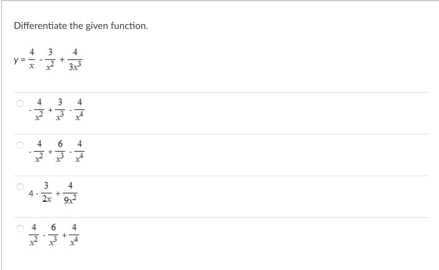 Solved Differentiate the given function. y=x4−x23+3x34 | Chegg.com