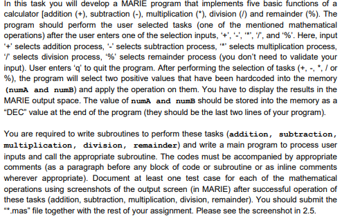 Solved In this task you will develop a MARIE program that | Chegg.com