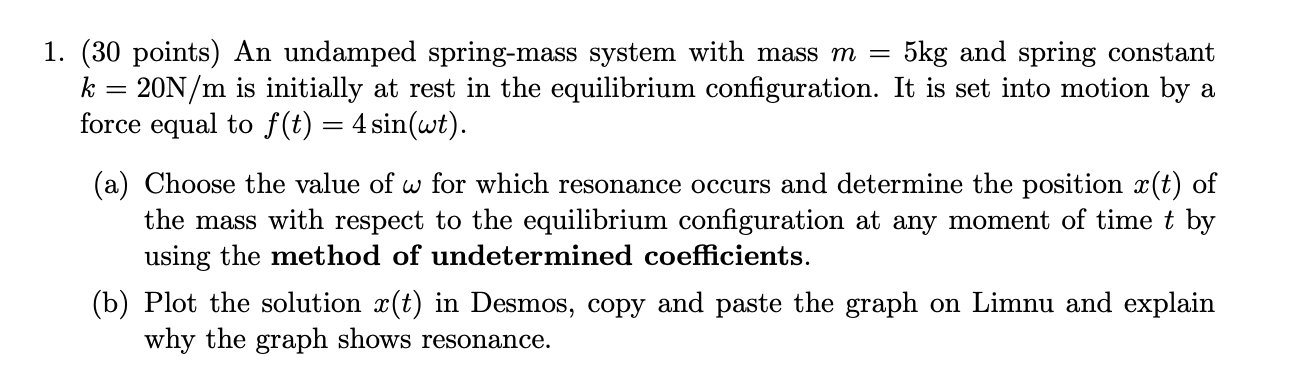 Solved 1. (30 points) An undamped spring-mass system with | Chegg.com