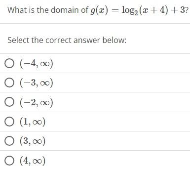 Solved What is the domain of g(x)=log2(x+4)+3 ? Select the | Chegg.com
