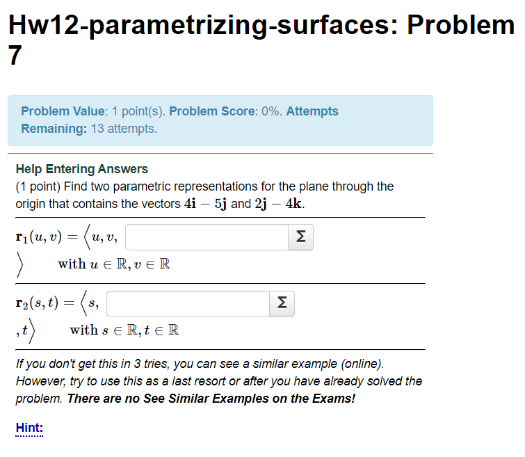 Solved Hw12-parametrizing-surfaces: Problem 7 Problem Value: | Chegg.com